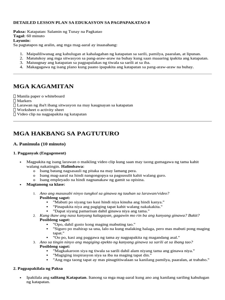 Detailed Lesson Plan Sa Edukasyon Sa Pagpapakatao 8 | PDF
