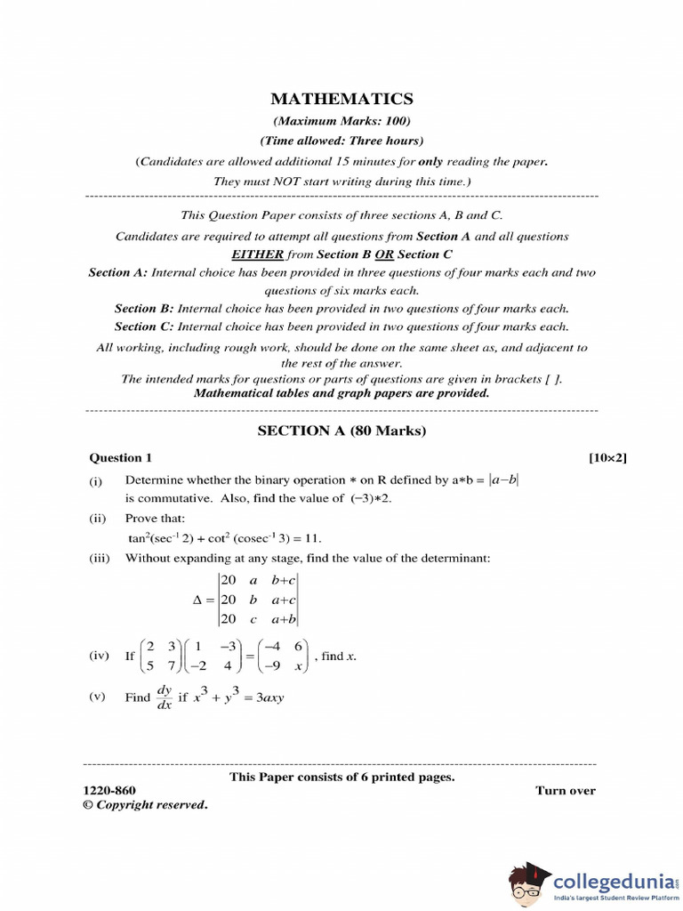ISC Class 12 Mathematics Question Paper 2020 | PDF