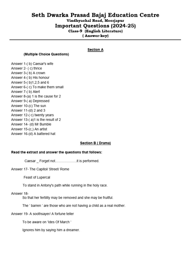 Class 9th Eng 2 Imp Quest Answerkey | PDF