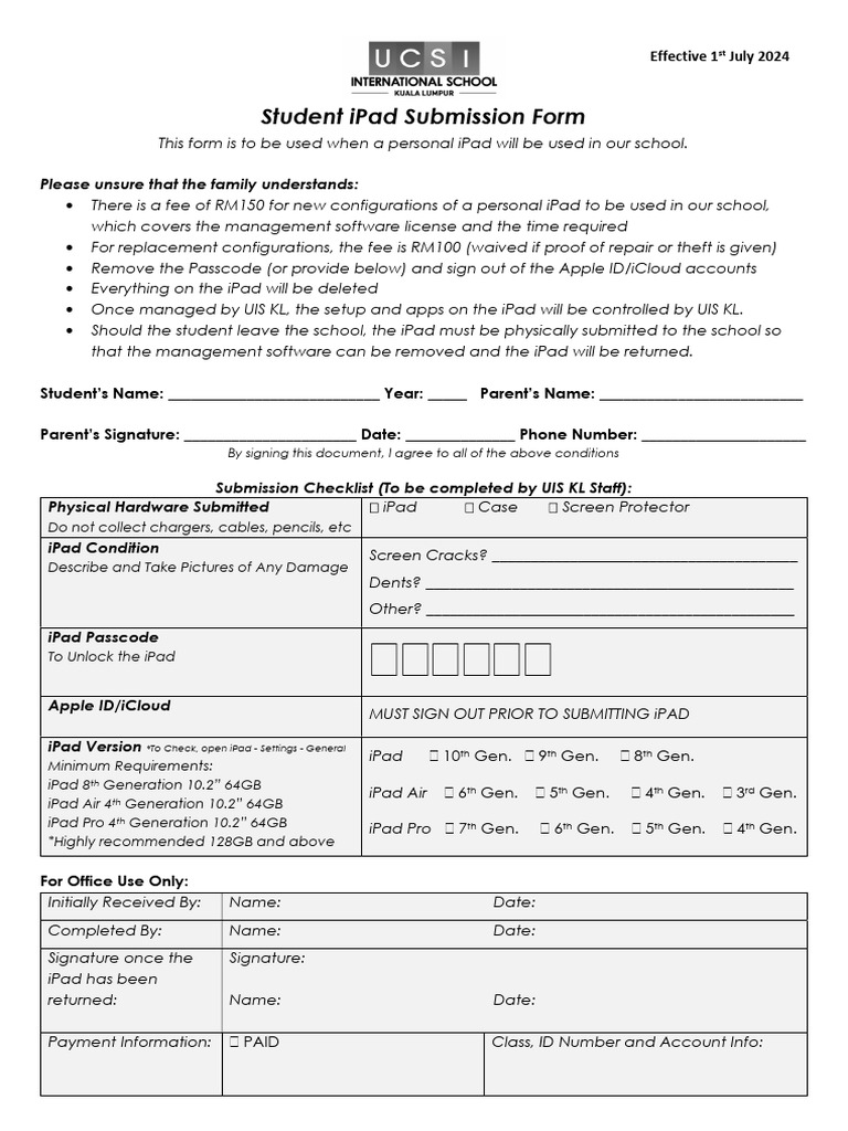 Student Ipad Submission Form - July 2024 | PDF | I Pad | Personal Computers