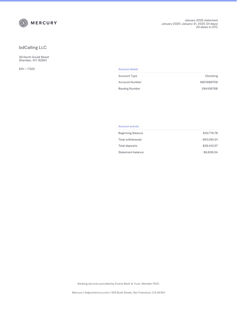 Bdcalling LLC 6759 Monthly Statement 2025 01 | PDF | Deposit Account ...