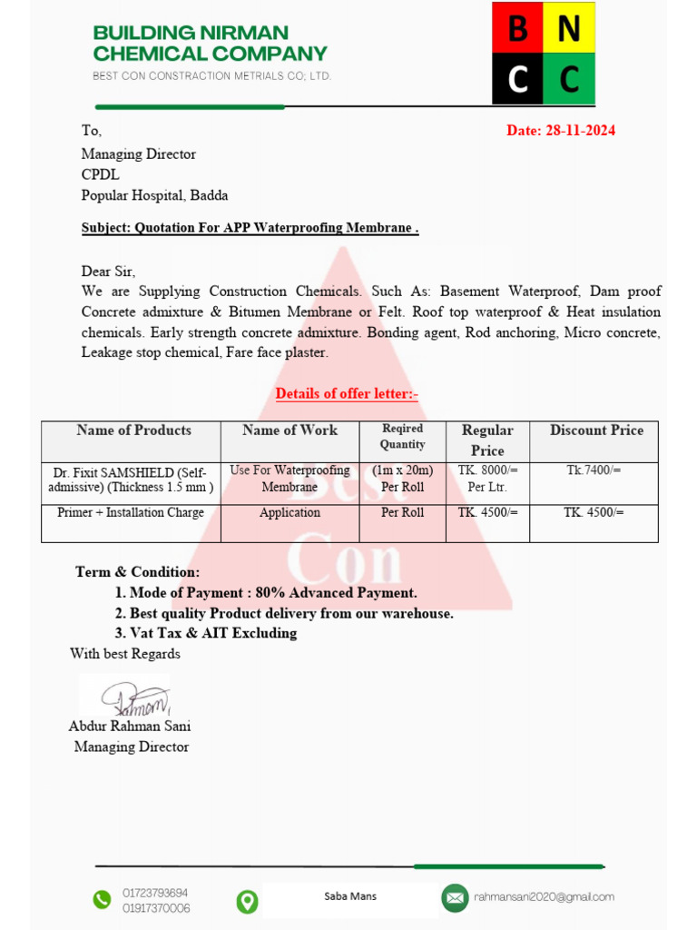 Quotation for Waterproofing Membrane | PDF