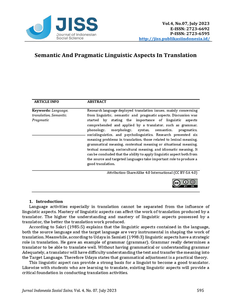 Semantic and Pragmatic Linguistic Aspects in Trans | PDF | Semantics | Linguistics