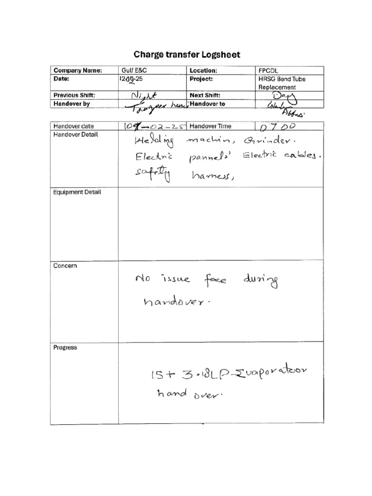 Shift Transfer Logsheet | PDF