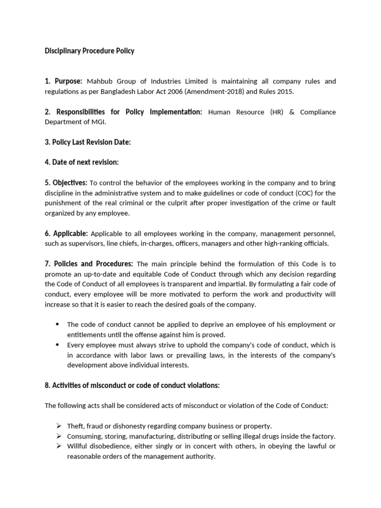 Disciplinary Procedure Policy(Draft) | PDF | Employment | Salary