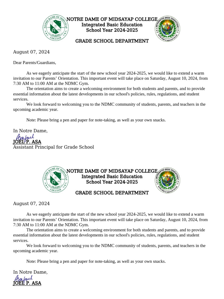 Parents' Orientation Invitation 2024 | PDF