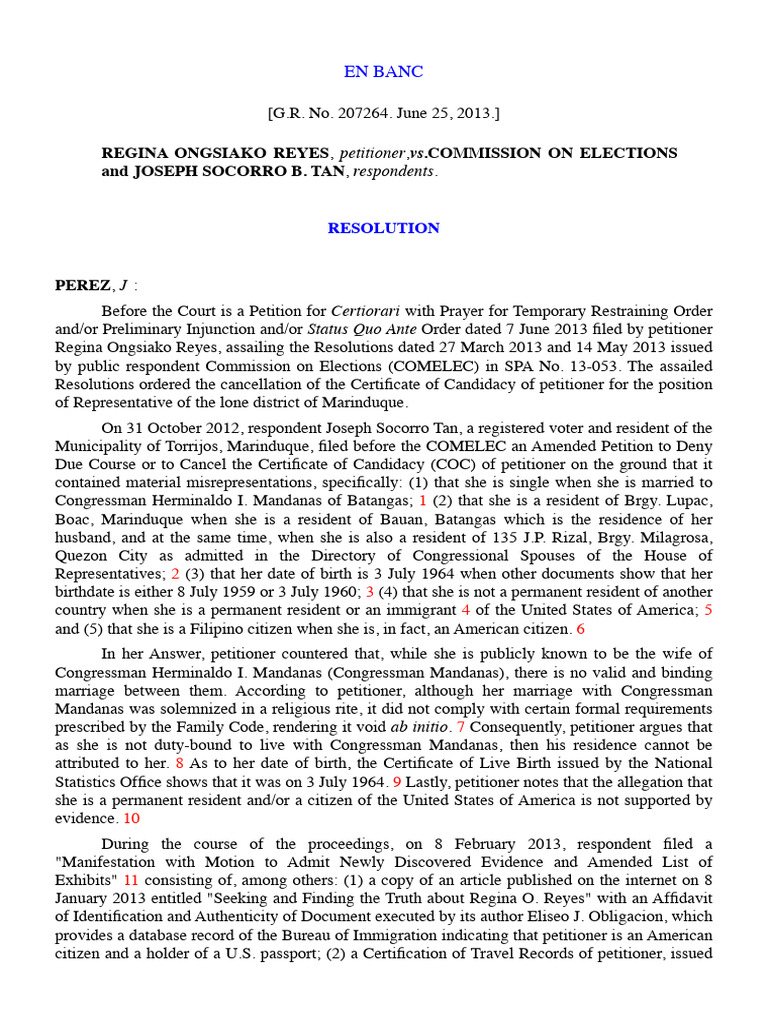 G.R. No. 207264 (Resolution) - Reyes v. Commission On Elections | PDF ...