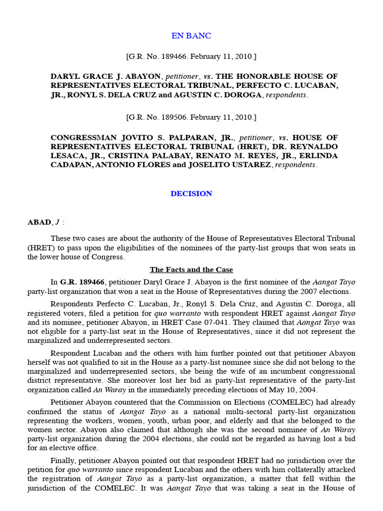 G.R. Nos. 189466 & 189506 - Abayon v. House of Representatives Electoral Tribunal | PDF | United ...