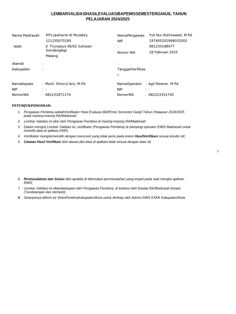 Lembar Validasi Pengawas BAP Emis 2025 | PDF
