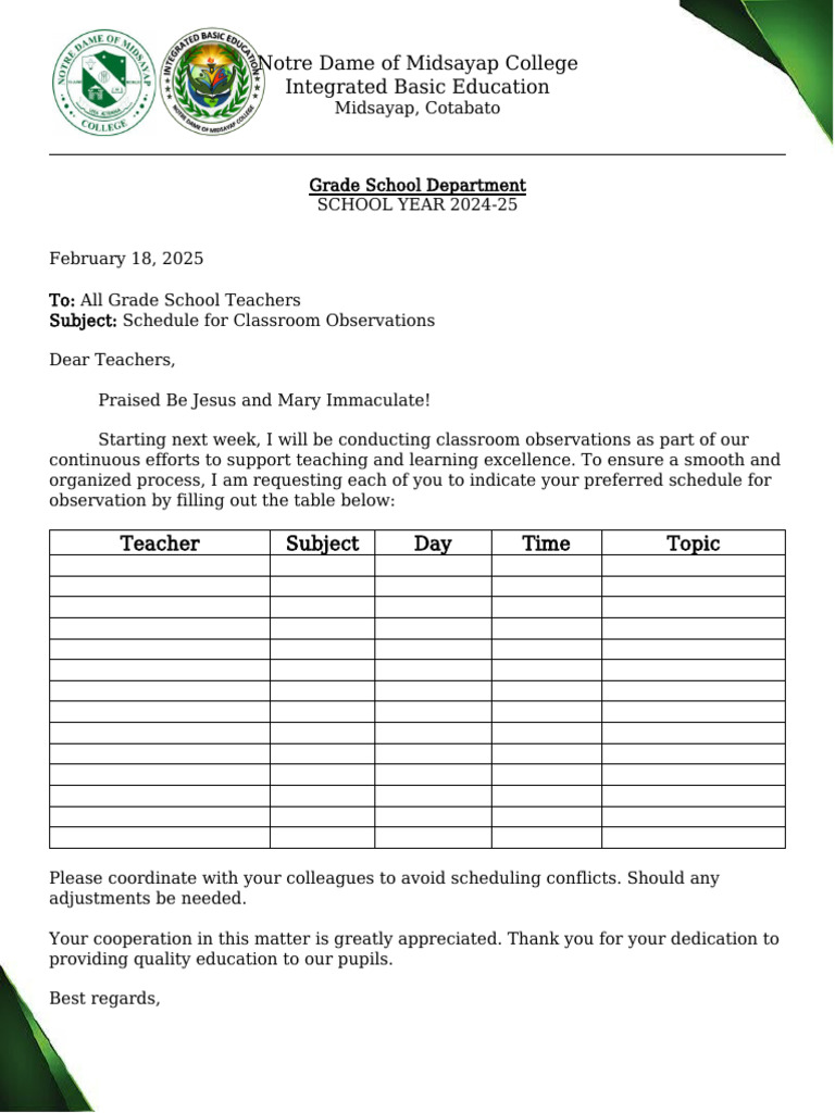 Class Observation Communication Notice | PDF