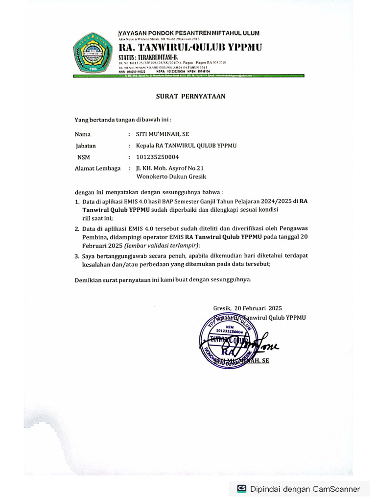 Surat Pernyataan Bap Emis | PDF