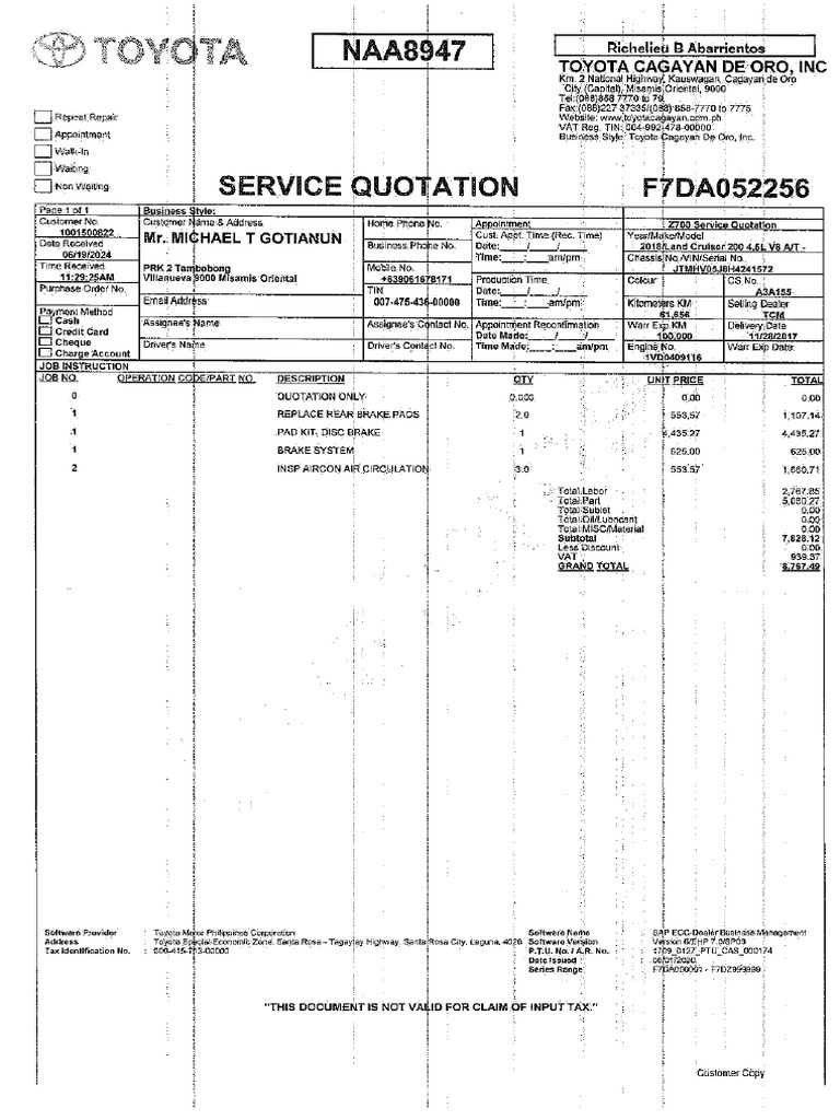 TOyota Land Cruiser 200 Brake Quotation | PDF