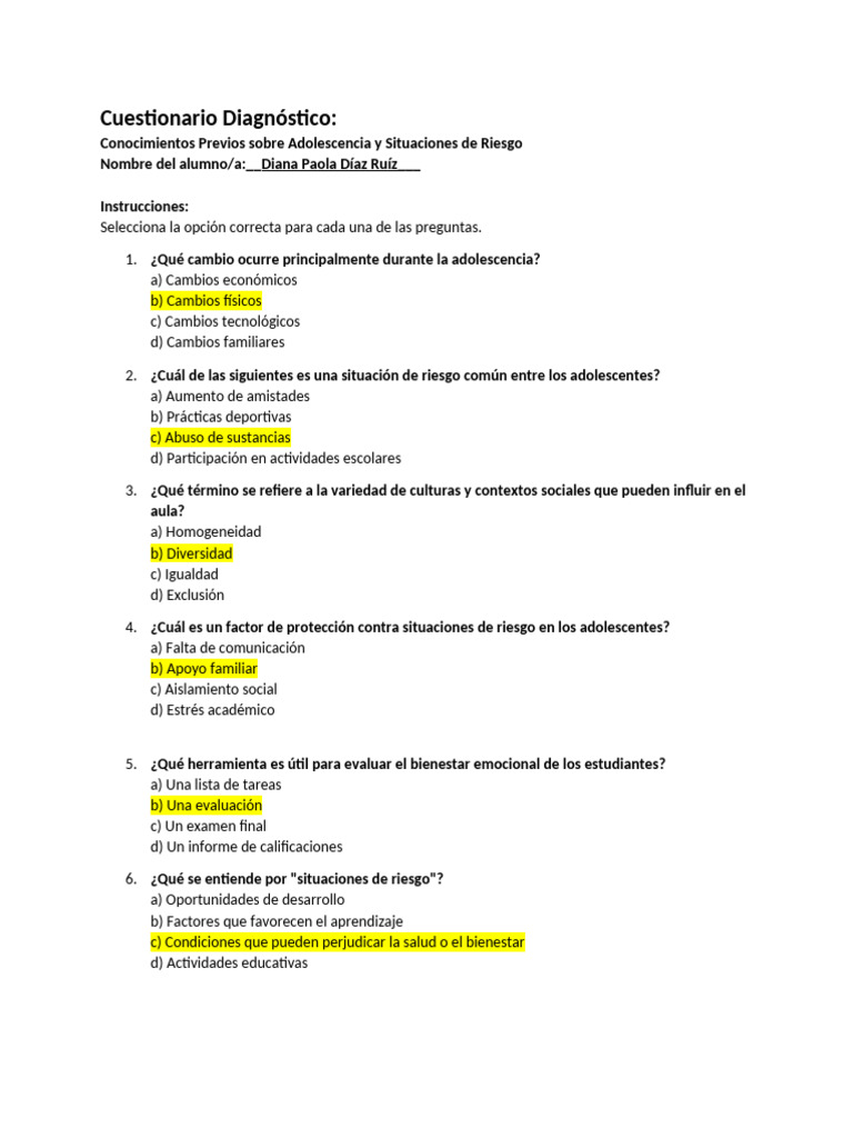 Cuestionario sobre Adolescencia y Riesgos | PDF
