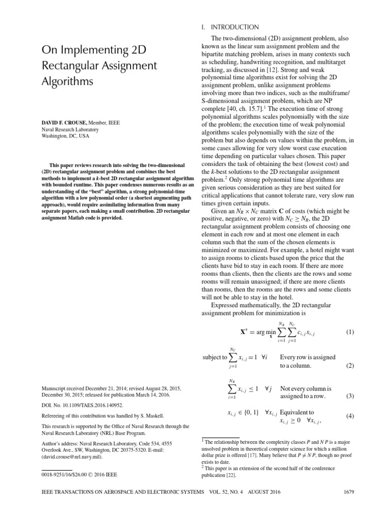 2D Rectangular Assignment Algorithms | PDF | Mathematical Optimization ...