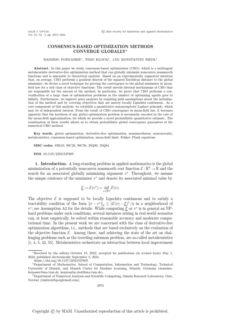 Consensus-Based Optimization Methods Converge Globally: Abstract | PDF | Mathematical ...