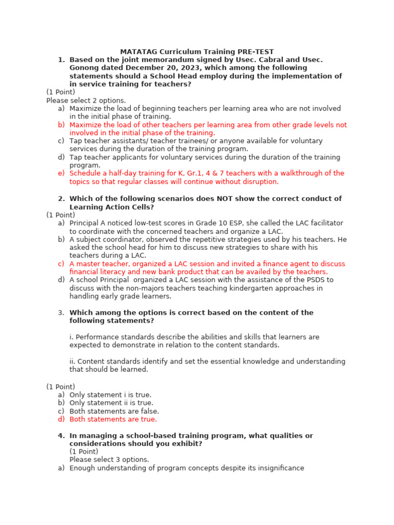MATATAG Curriculum Training Pre-Test | PDF | Learning | Constructivism ...