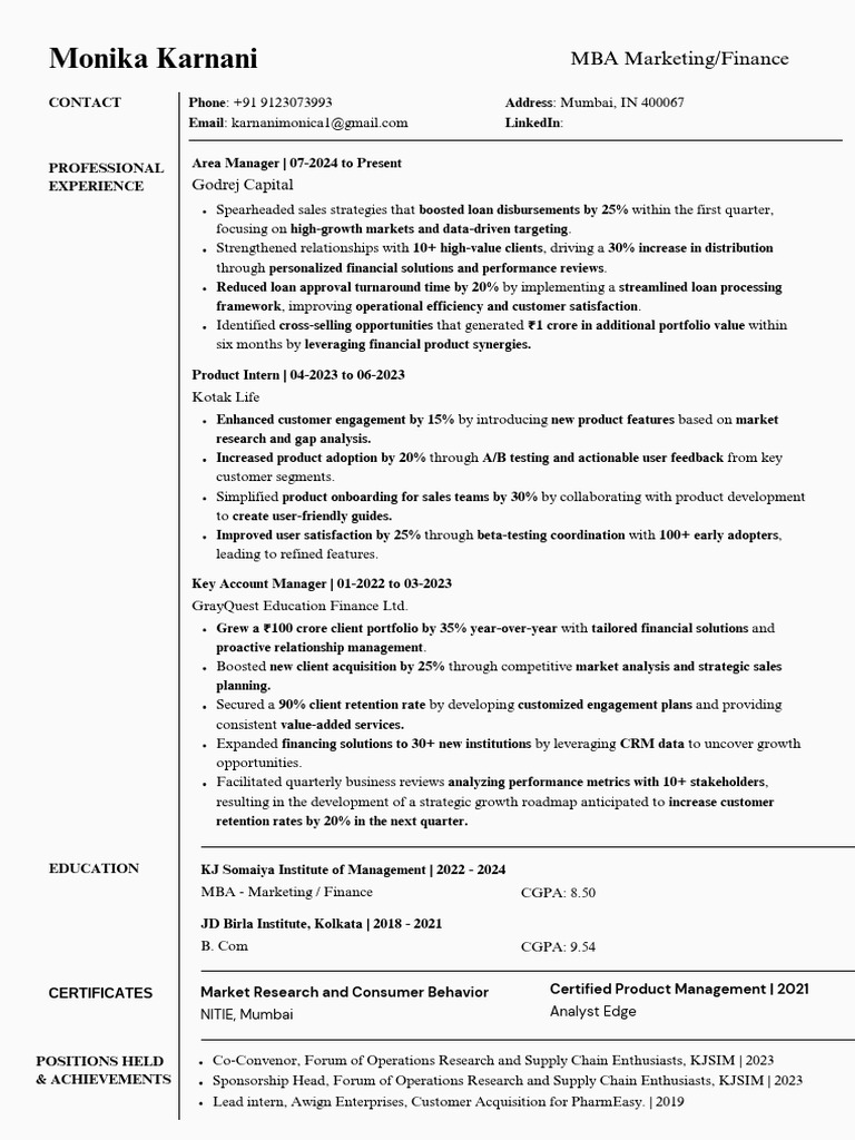 Monika Karnani Resume MBA Marketing | PDF | Marketing | Customer Relationship Management