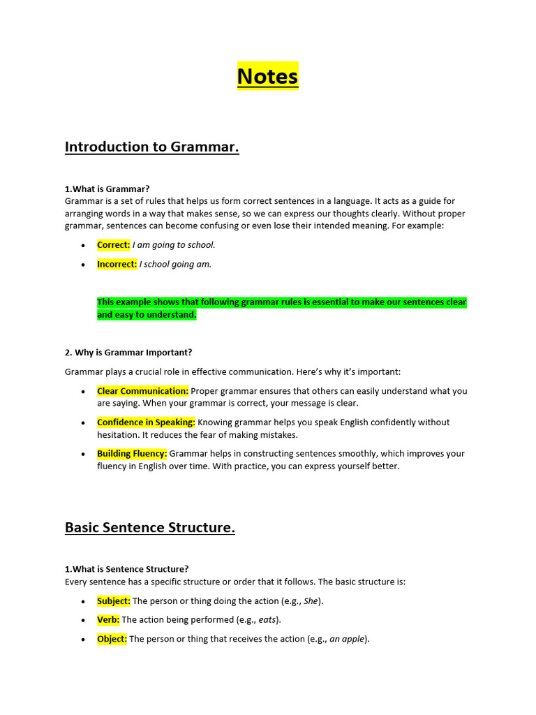 Notes - Introduction To Basic Grammar Rules | PDF | Sentence ...