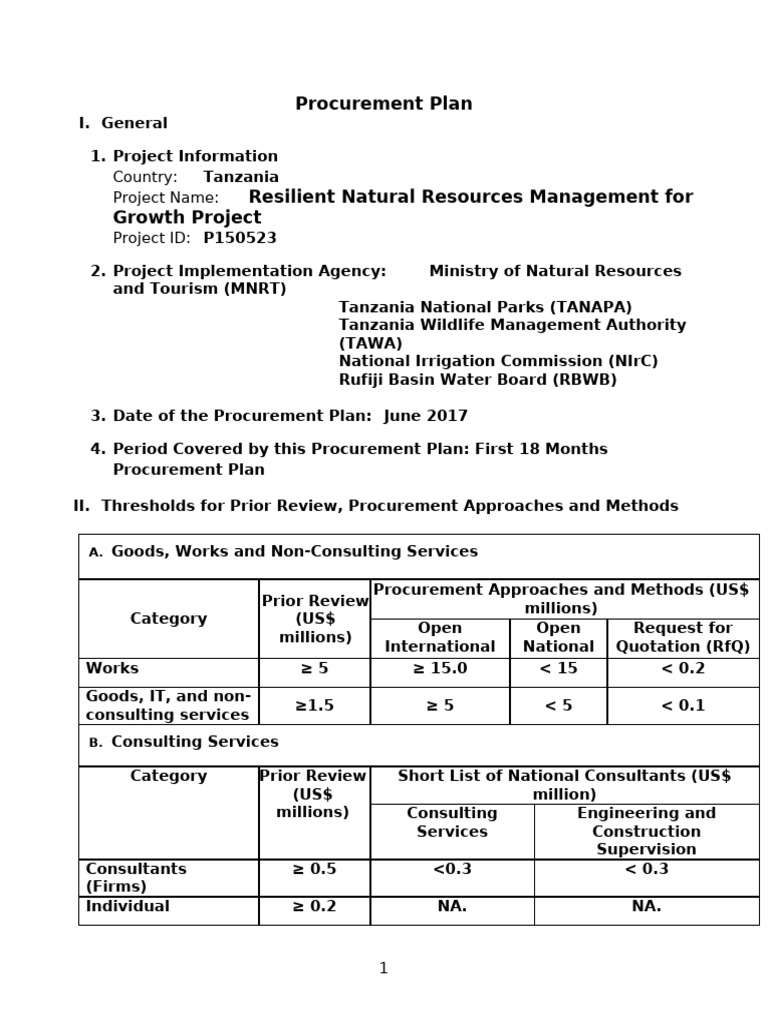 Procurement Plan for Tanzania Project | PDF | Tanzania | Resource