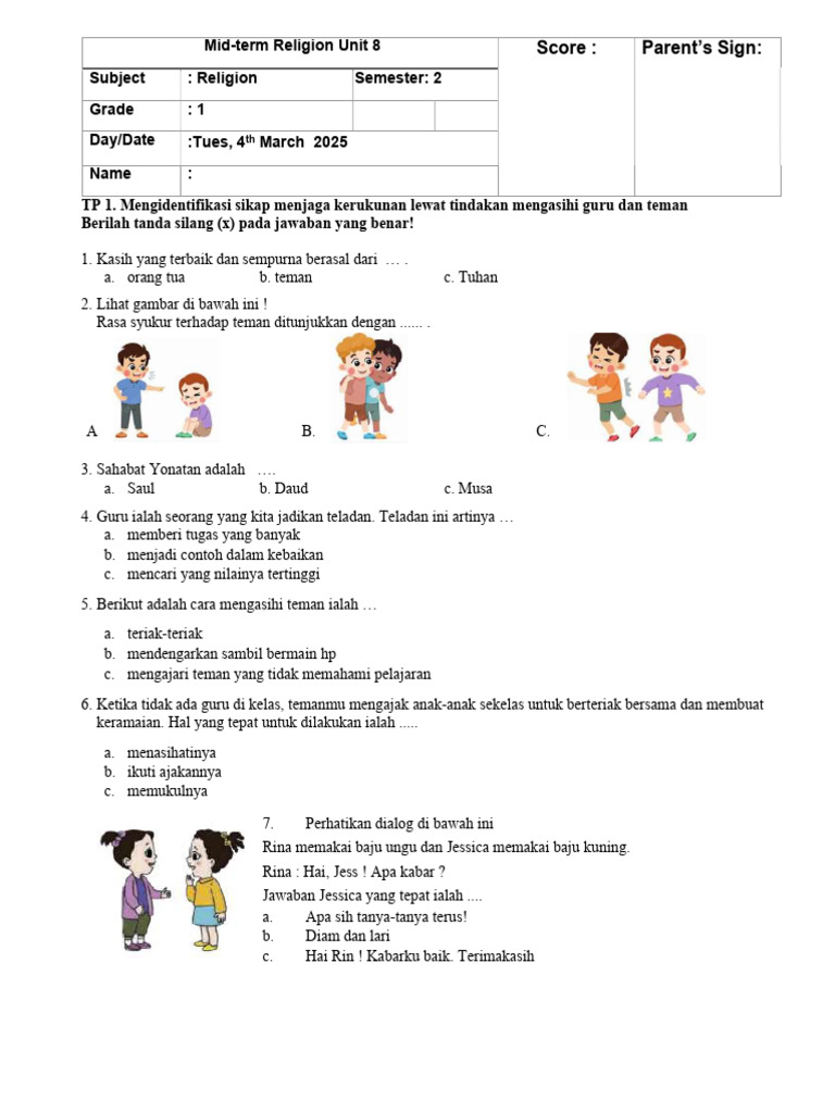 PTS 2 Religion Grade 1 Unit 8 TA 2024-2025 | PDF