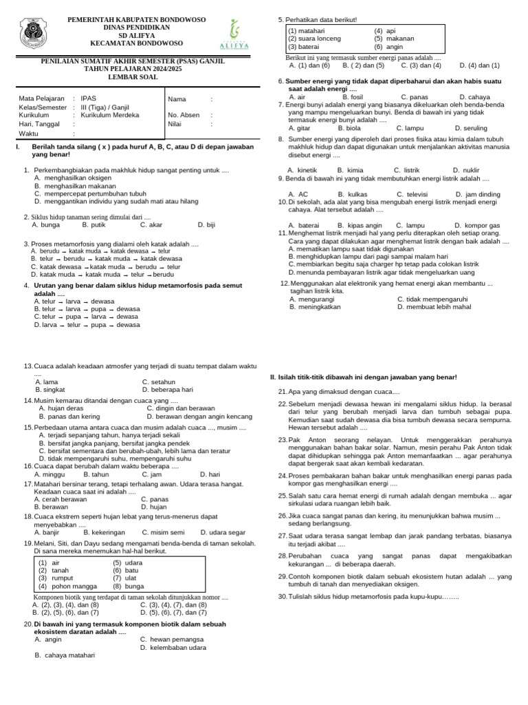 Kumer (2) Soal Sas Ganjil Kelas III Ipas 2024-2025 Edit Ok | PDF