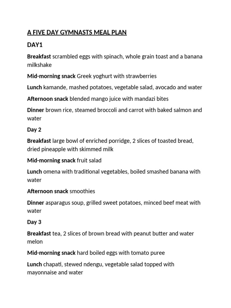 A FIVE DAY GYMNASTS MEAL PLAN | PDF