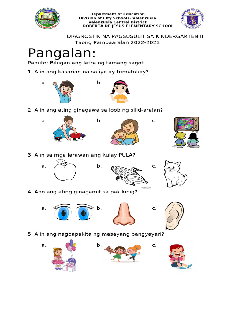 Diagnostic Test in Kinder | PDF