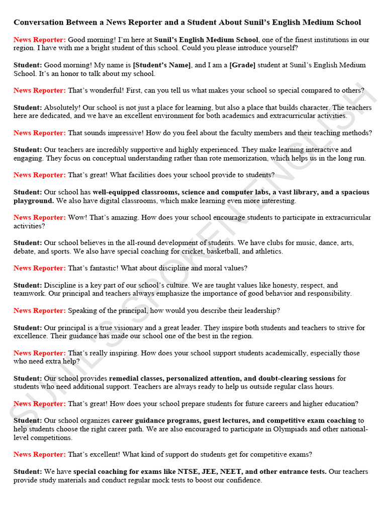 Conversation Between a News Reporter and a Student About Sunil | PDF | Teachers | Schools