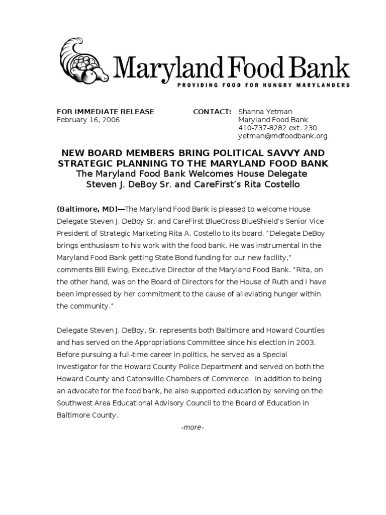 Deboy Joins MDFoodbank | PDF | Food Bank | Maryland