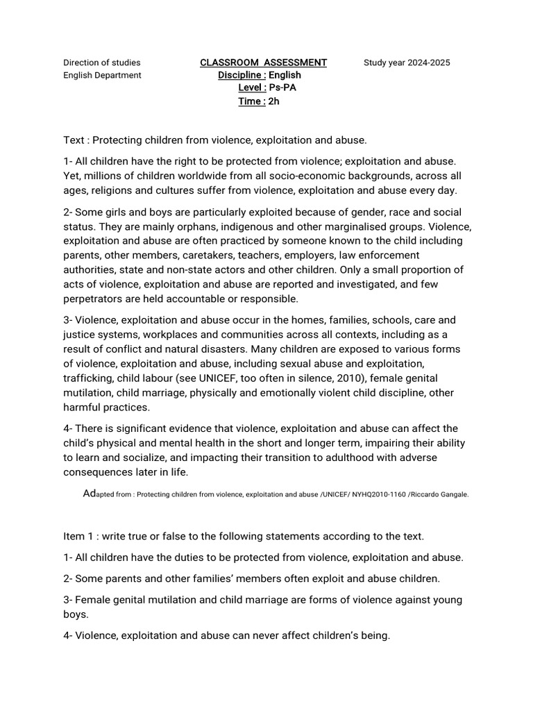 Devoir de Classe Premiere | PDF | Child Abuse | Violence