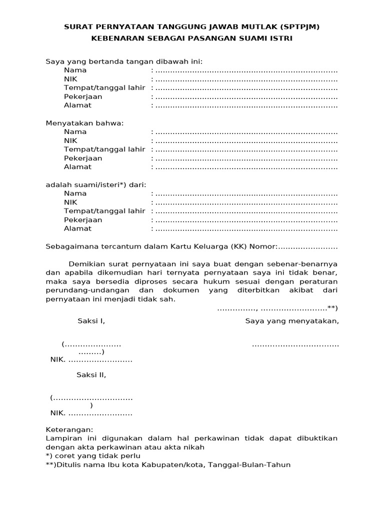Formulir SPTPJM Akta Kelahiran Capil Dan Perkawinan | PDF
