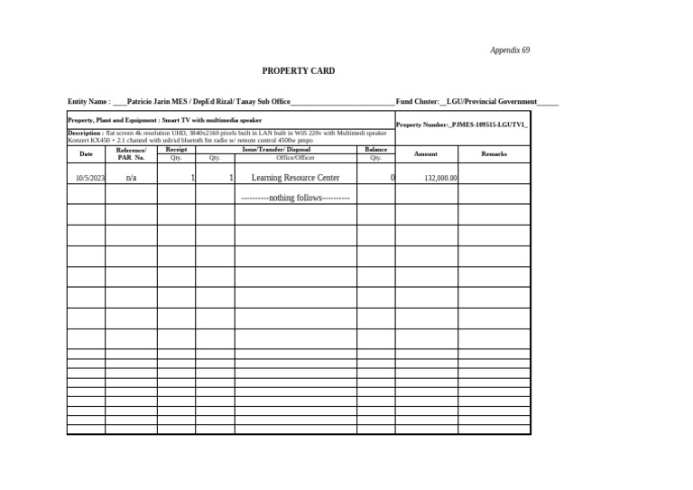 Appendix 69 Property Card | PDF