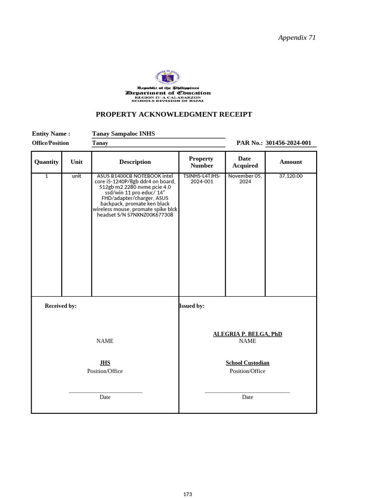 2Appendix-71-Property-Acknowledgement-Receipt | PDF | Computing ...