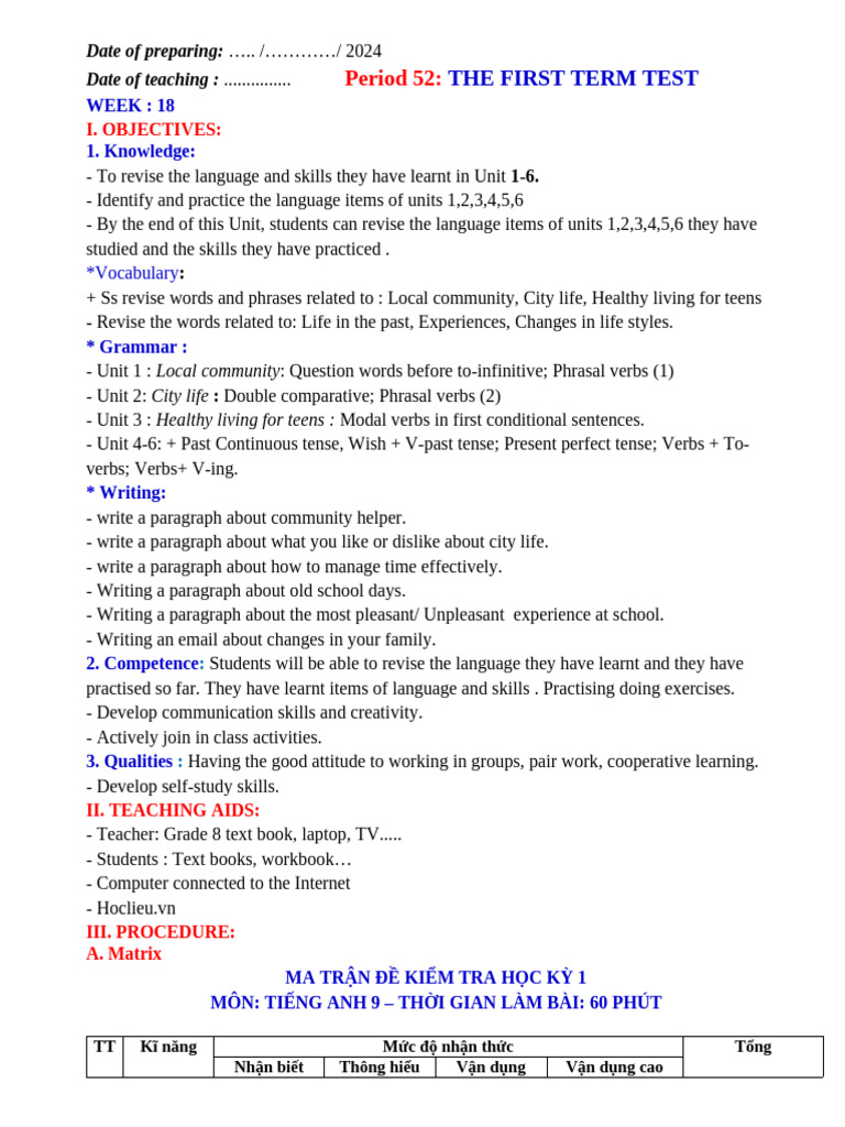 Grade 9 English Term Test Preparation | PDF | Verb | Grammatical Tense
