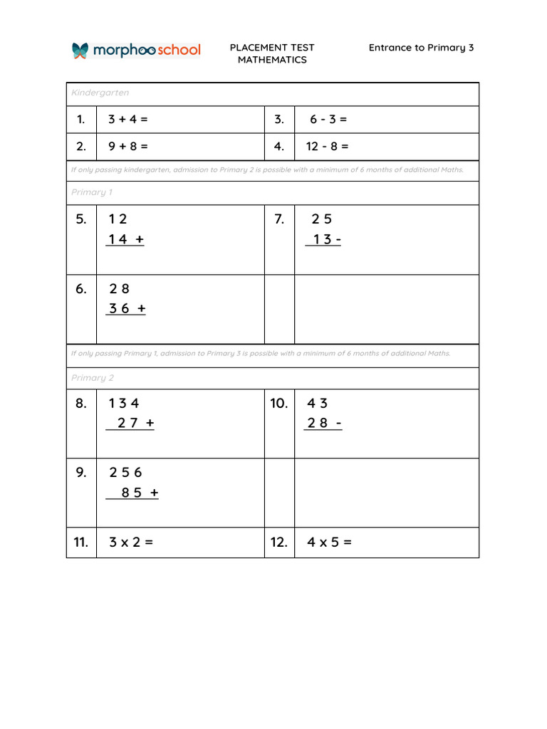 Math Entrance to Primary 3 | PDF
