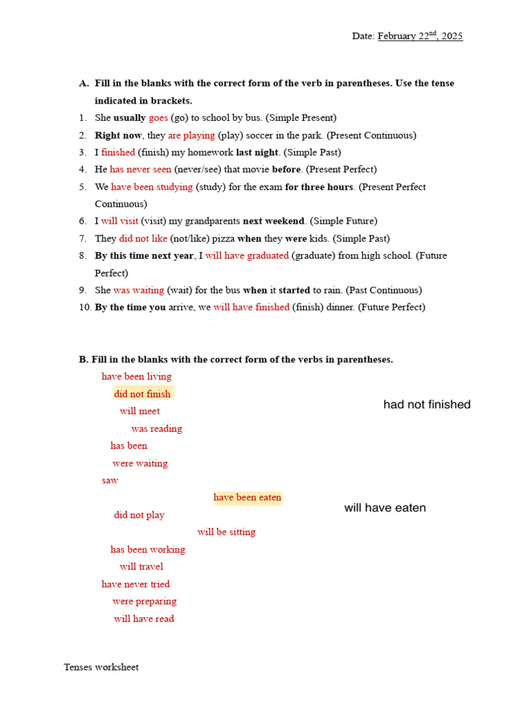 Tenses Worksheet with Exercises | PDF