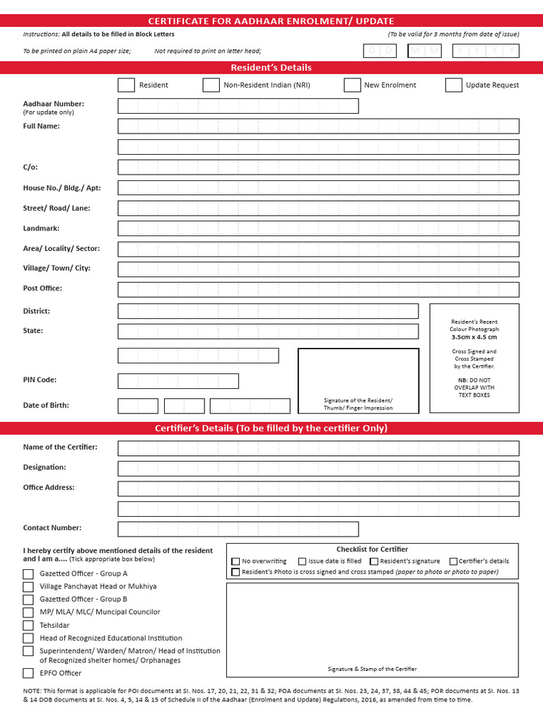 Certificate For Aadhaar EnrolmentUpdate Form PDF | PDF | Authentication