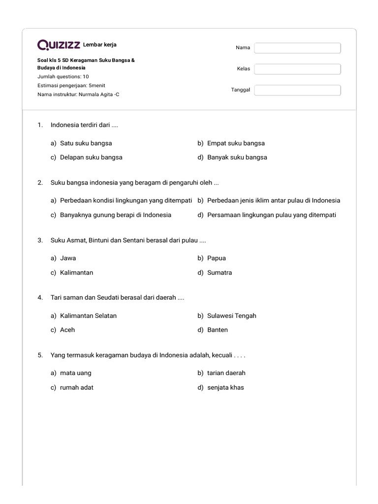 Soal Kls 5 SD Keragaman Suku Bangsa & Budaya Di Indonesia - Quizizz | PDF