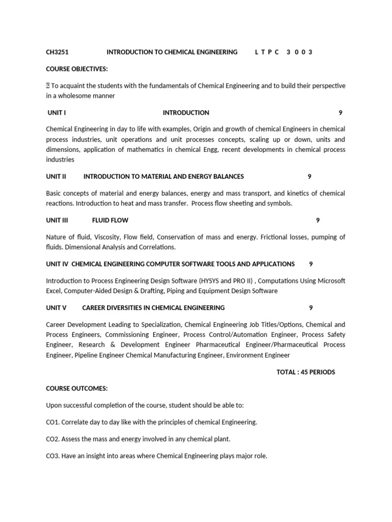 Introduction to Chemical Engineering Syllabus | PDF | Chemical ...