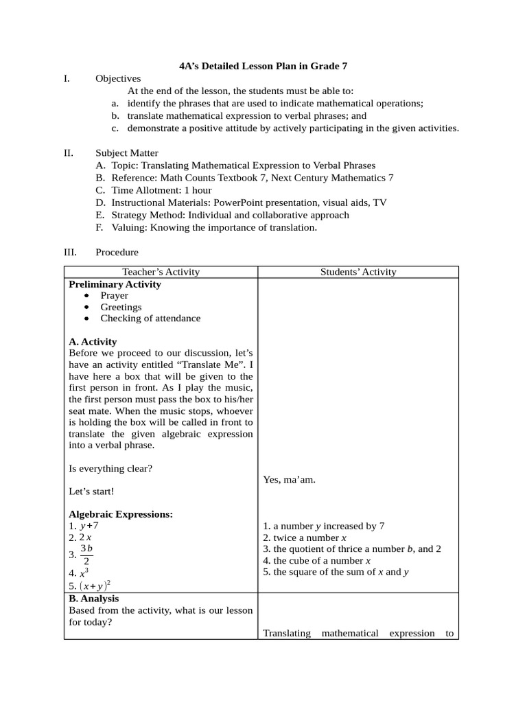 Translating Mathematical Expression To Verbal Phrases | PDF ...