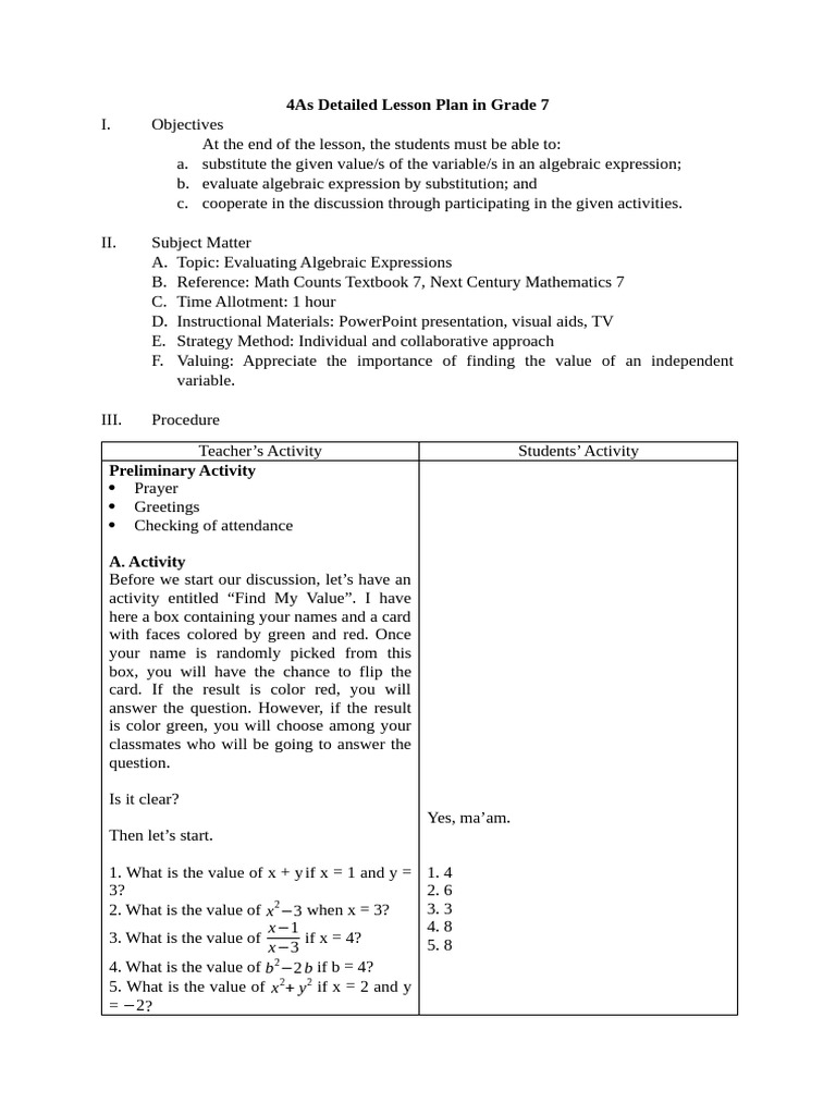 Grade 7 Algebraic Expressions Lesson Plan | PDF | Algebra | Mathematics