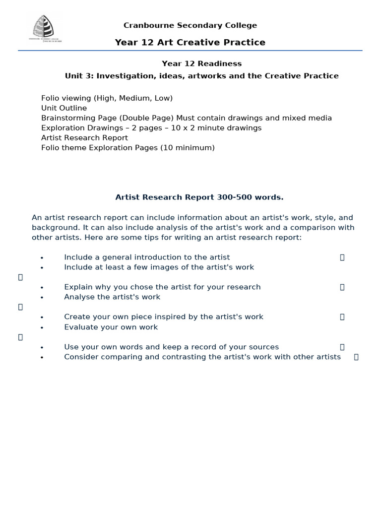 Year 12 Art Creative Practice Guide | PDF