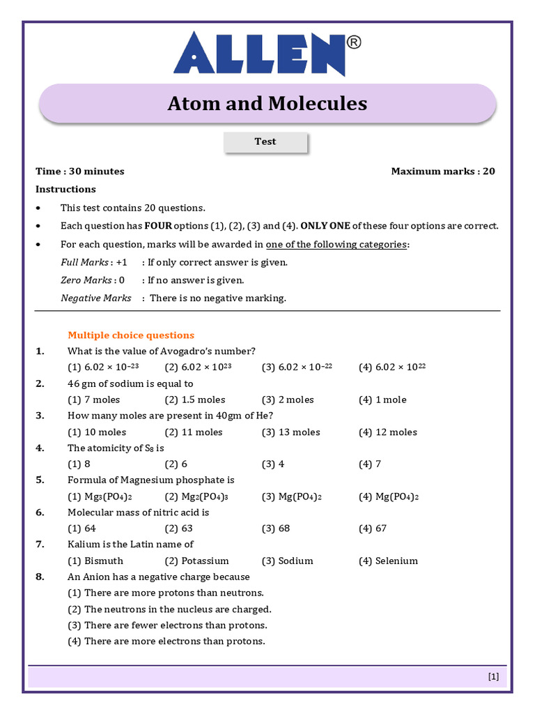 Atoms and Molecules FJN Test | PDF | Mole (Unit) | Atoms