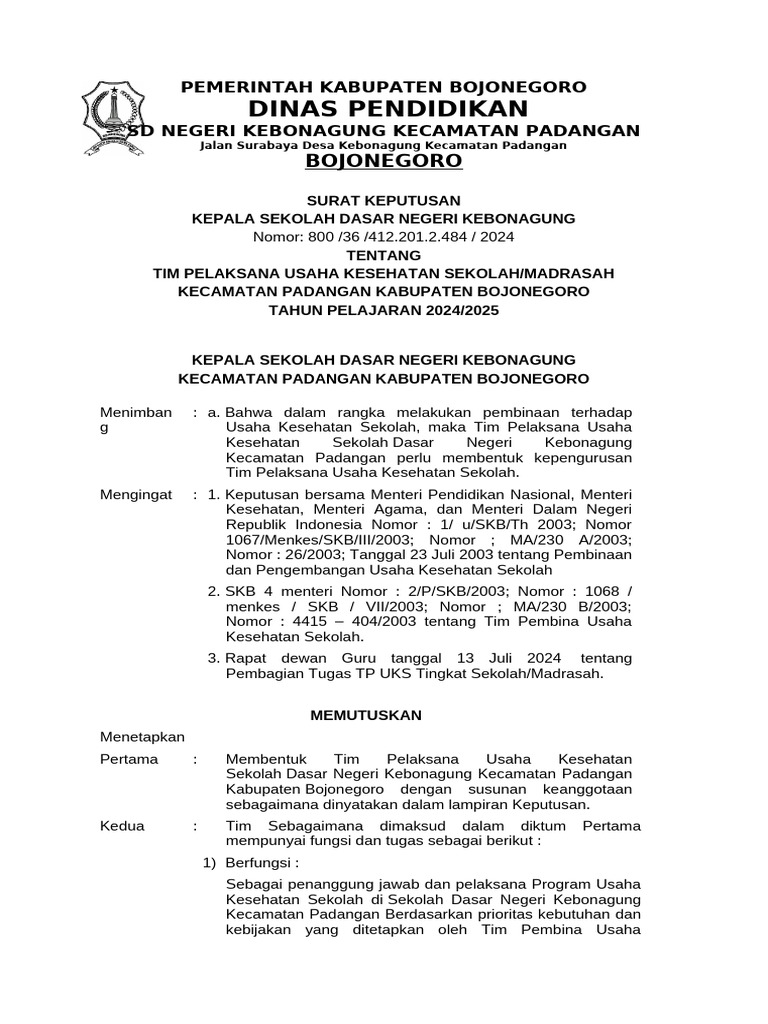 Sk Tim Pelaksana Uks Sdn Kebonagung Tahun 2024-2025 | PDF