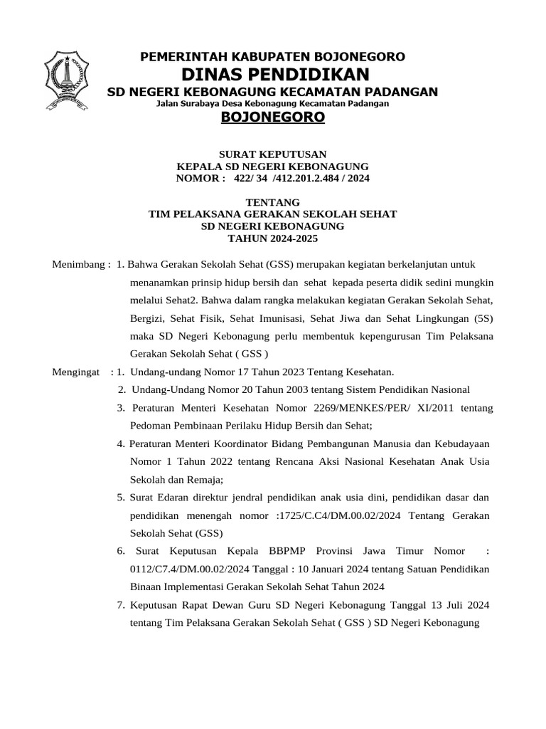 Sk Tim Pelaksana Gss Sd Negeri Kebonagung Tahun 2024 | PDF