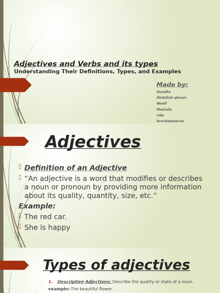 Adjectives and Verbs: Types and Examples | PDF | Verb | Adjective