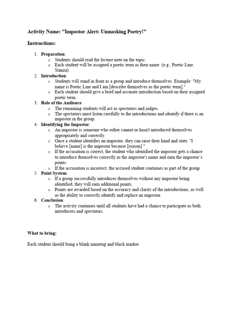 Impostor Alert Activity For EL116 Class | PDF