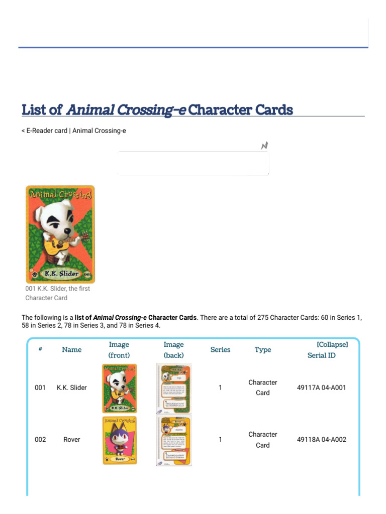 Animal Crossing-e Character Cards List | PDF