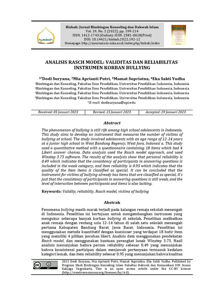 Analisis Rasch Model Validitas Dan Reliabilitas Instrumen Korban Bullying | PDF