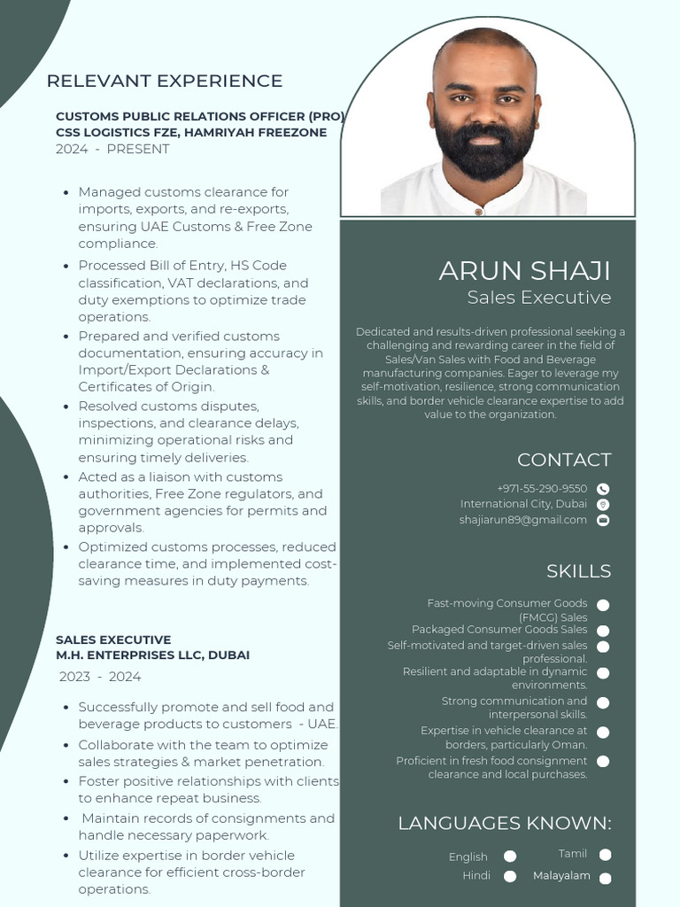Arun Shaji - Resume (2025 Updated) | PDF | Customs | Sales